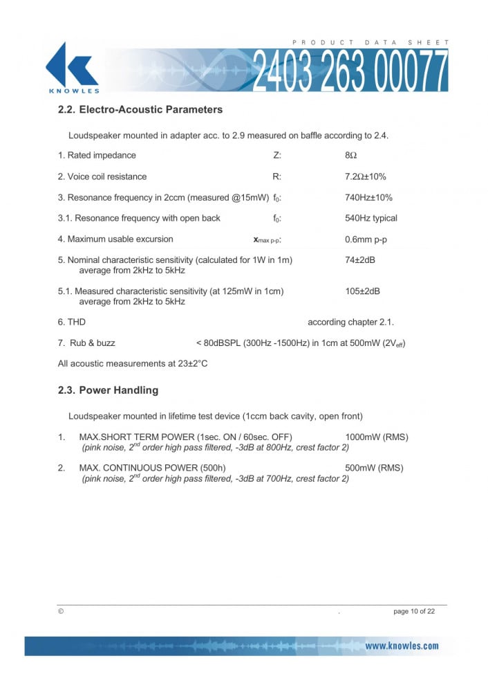 Knowles 2403 263 00077 specification page 10