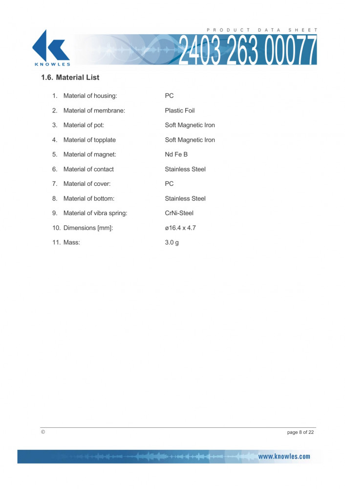 Knowles 2403 263 00077 specification page 8