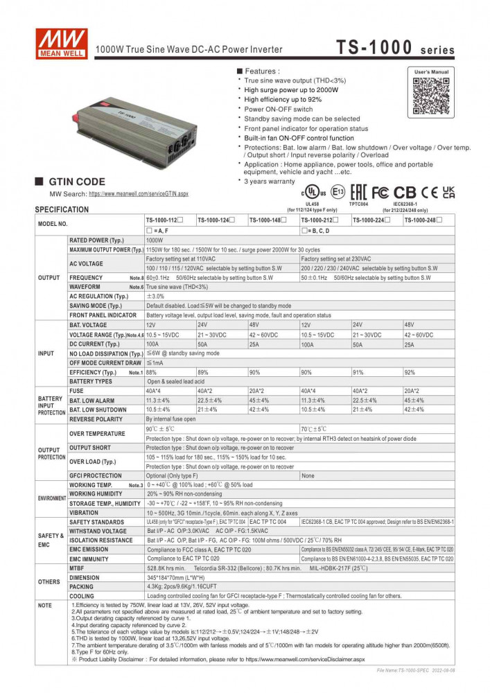 MEAN WELL TS-1000 series datasheet page 1