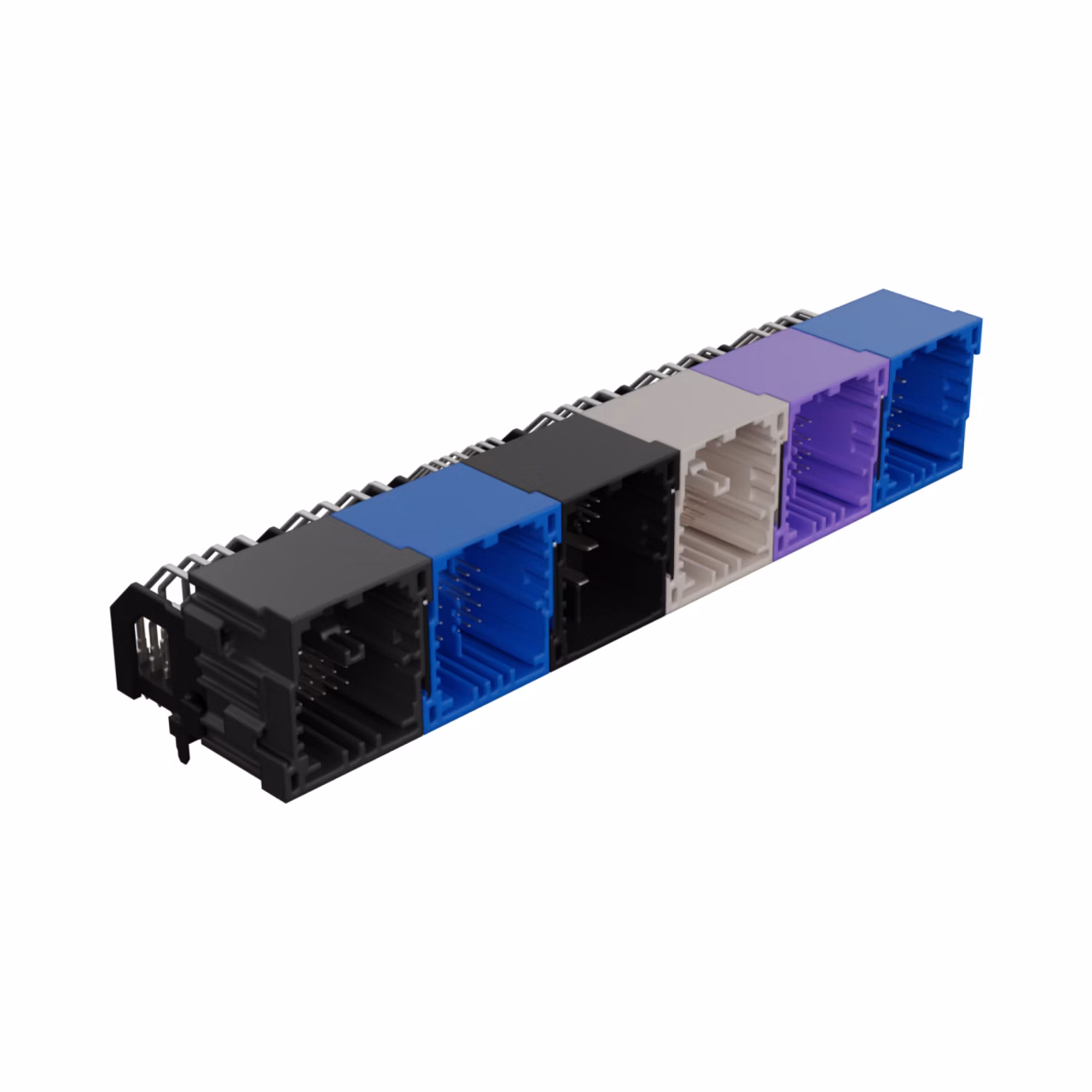 stAK50h 6 Bay Right-Angle Hybrid Header, 172 Circuits, Bay 1: 28 Circuits/Key 1/Dark Gray; Bay 2: 32 Circuits/Key 2/Blue; Bay 3: 25 Circuits/Key 3/Black; Bay 4: 28 Circuits/Key 3/Gray; Bay 5: 32 Circuits/Key 4/Purple; Bay 6: 27 Circuits/Key 3/Blue; Tray for sale