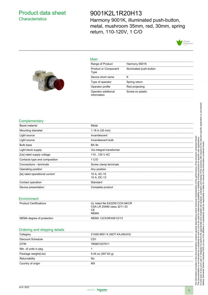 9001K2L1R20H13 technical document page 1