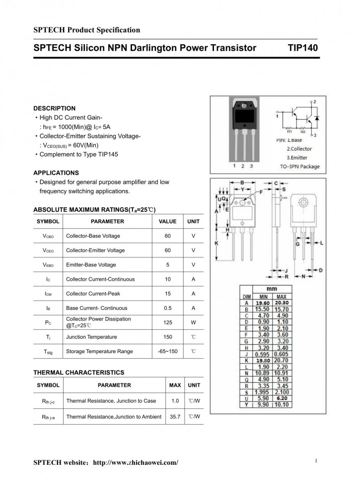 SPTECH TIP140 datasheet page 1