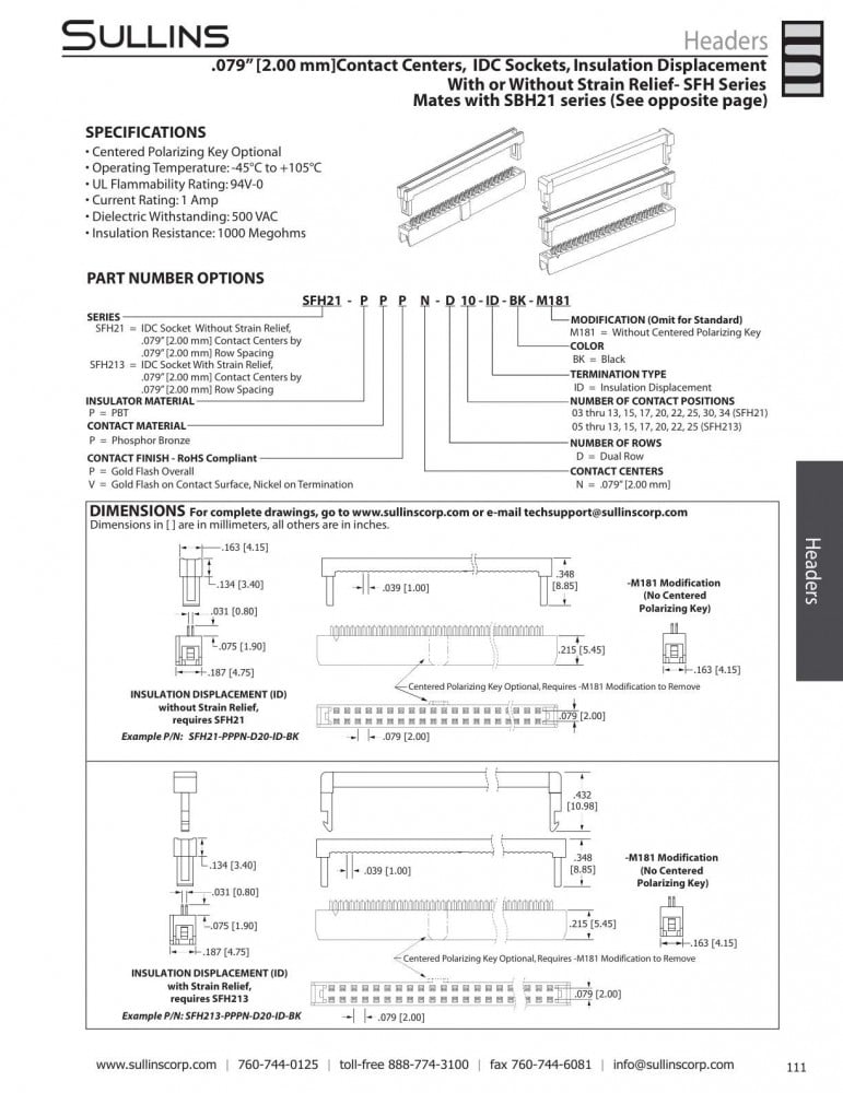 Sullins SFH series IDC socket technical document