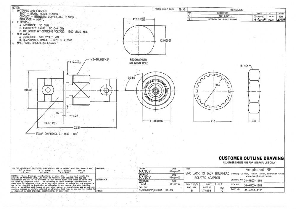 Amphenol 031-4803-1101 technical drawing