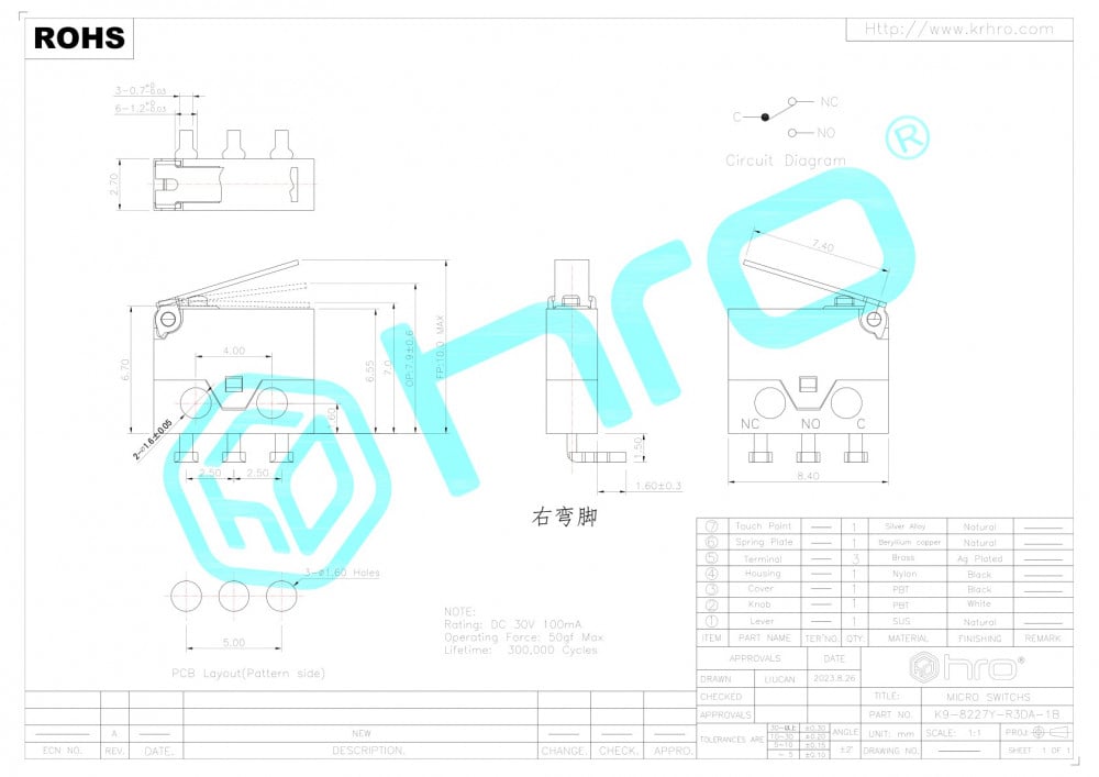 K9-8227Y-R3DA-1B mechanical drawing and parts information
