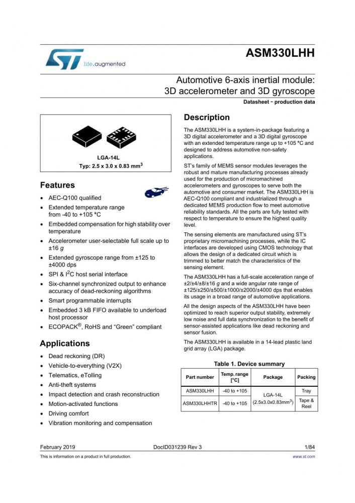 ASM330LHH datasheet page 1