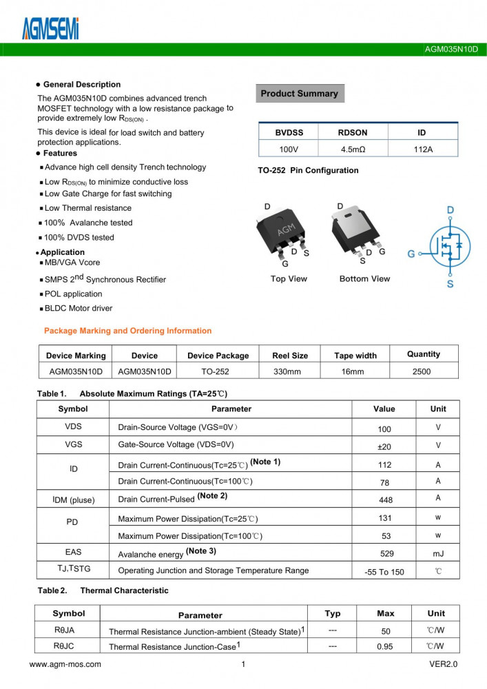 AGM035N10D datasheet page 1