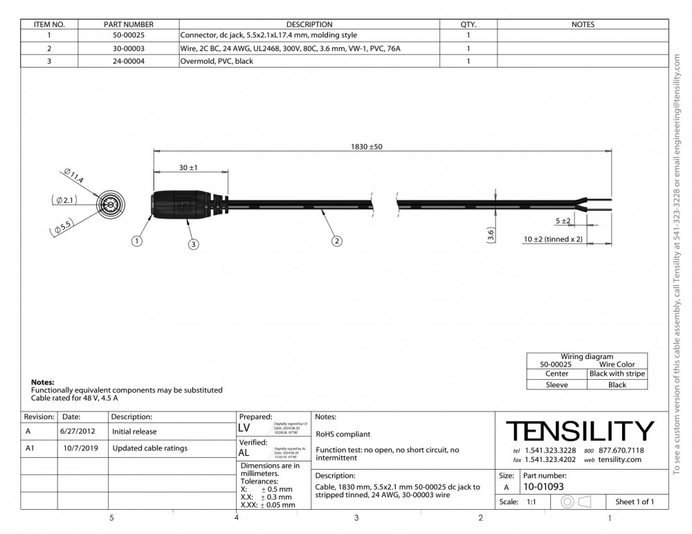 Tensility International 10-01093 cable assembly drawing