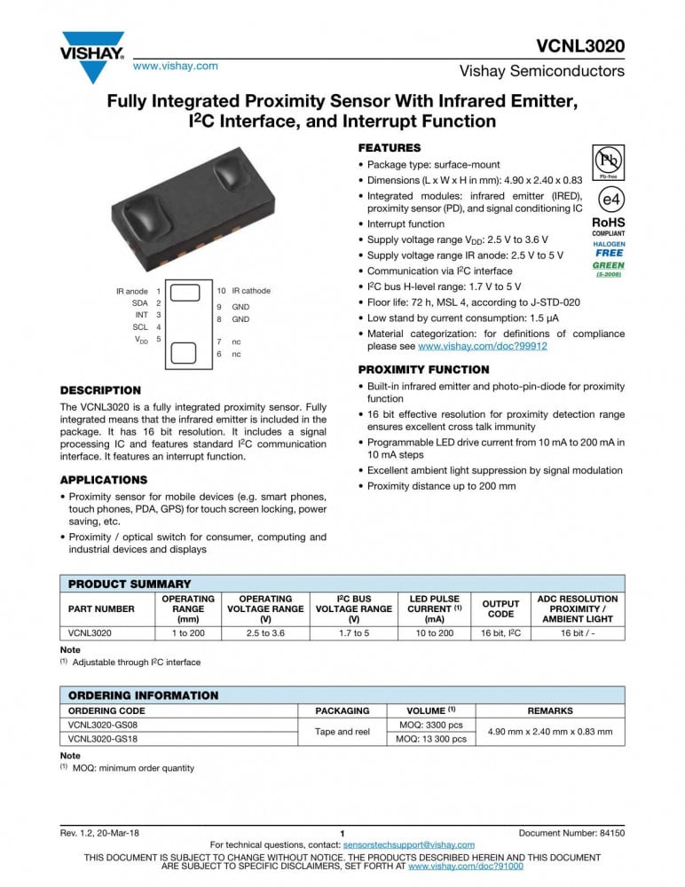 VCNL3020 datasheet page 1