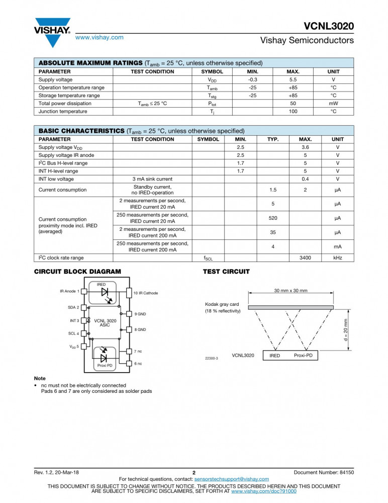 VCNL3020 datasheet page 2