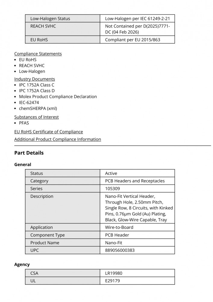 Nano-Fit product specification document page 2
