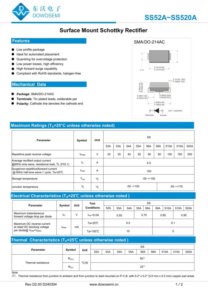 DOWO SS54A datasheet page 1