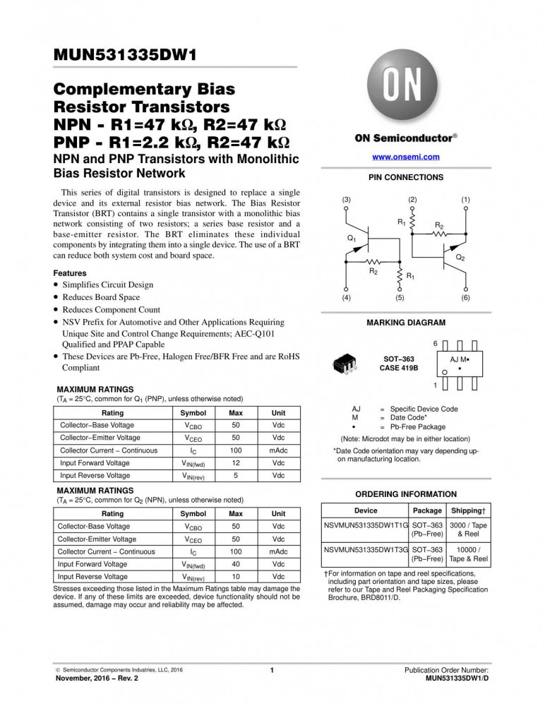 NSVMUN531335DW1T1G datasheet page 1