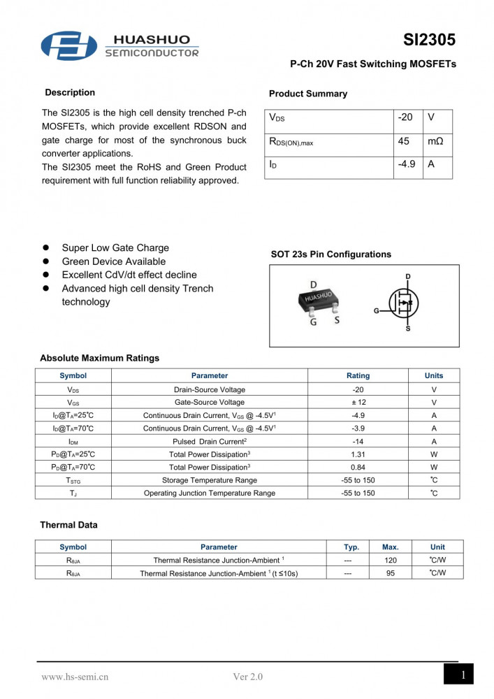 SI2305 datasheet page 1