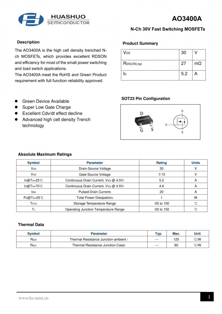 AO3400A datasheet page 1