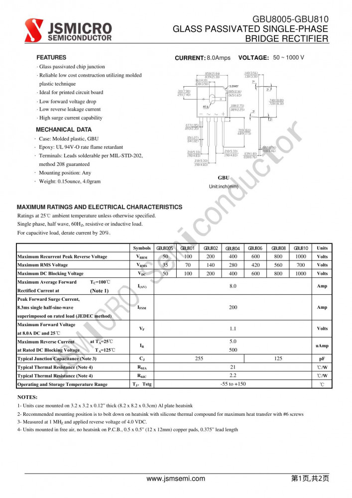 JSMSEMI GBU806 datasheet page 1
