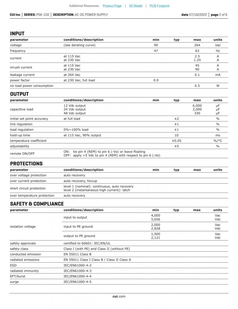 CUI PSK-150 datasheet page 2