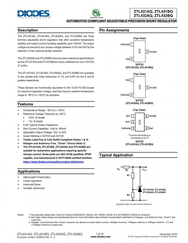 ZTL431BQFTA datasheet page 1