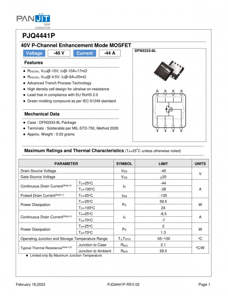 PJQ4441P datasheet page 1