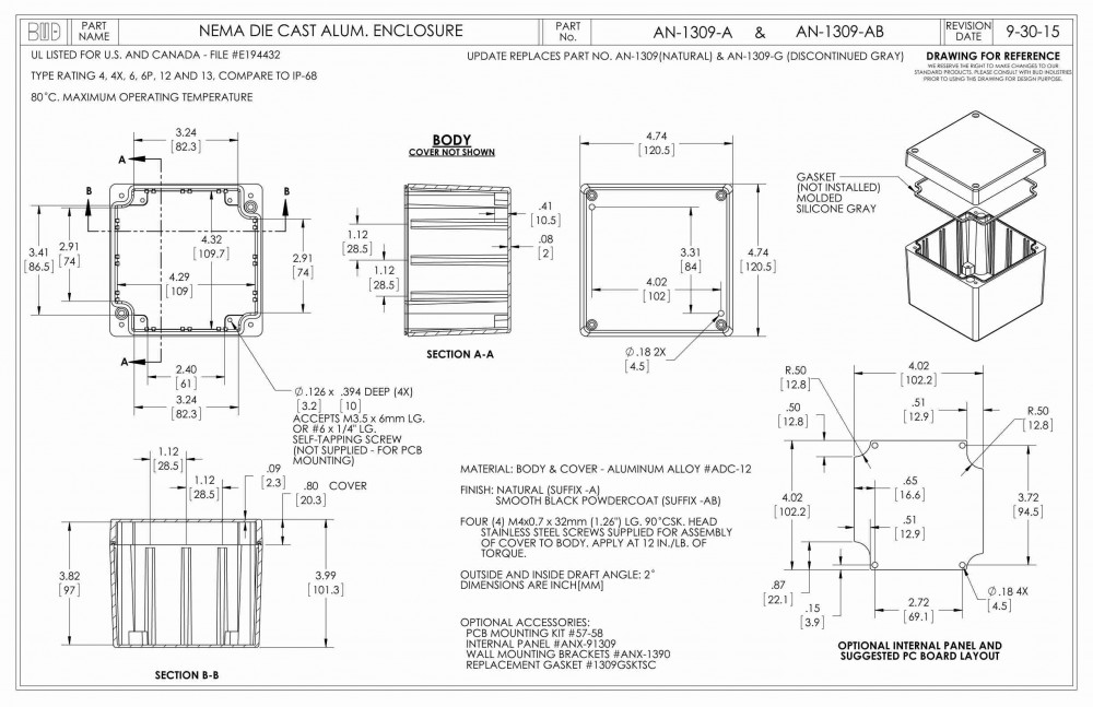Bud Industries AN-1309-AB product drawing, page 1