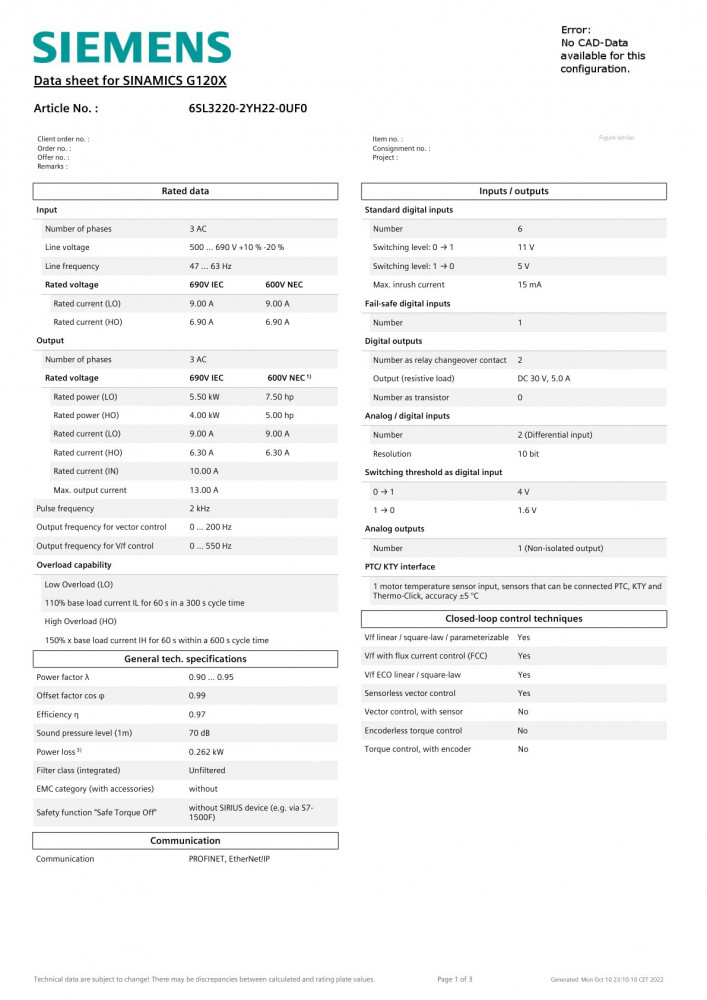 6SL3220-2YH22-0UF0 technical document page 1