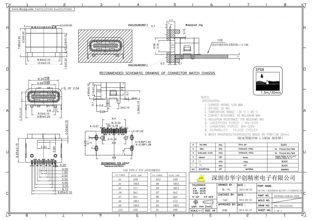 HOAUC HYCW403-USBC16-785B product drawing
