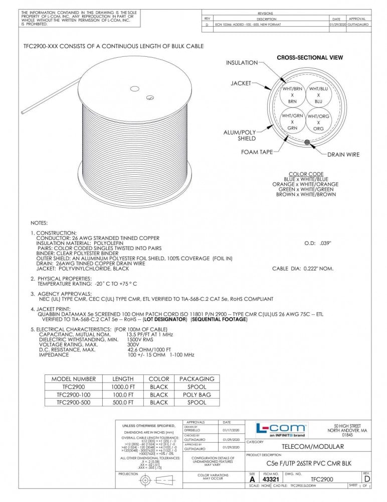 L-com TFC2900 cable technical drawing