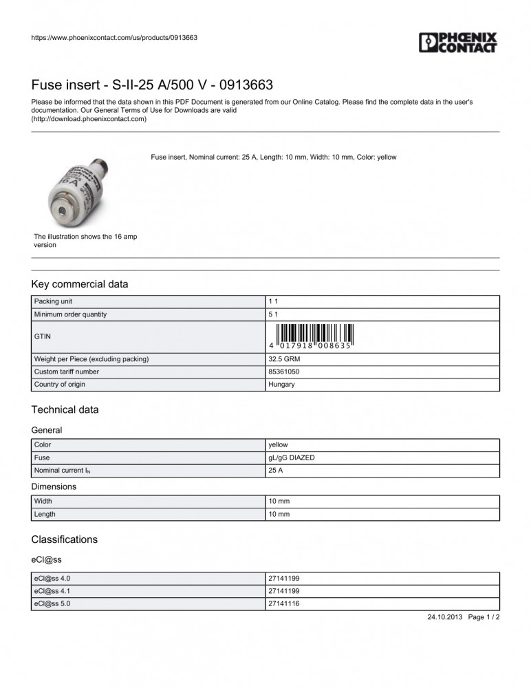 Phoenix Contact 0913663 technical document page 1