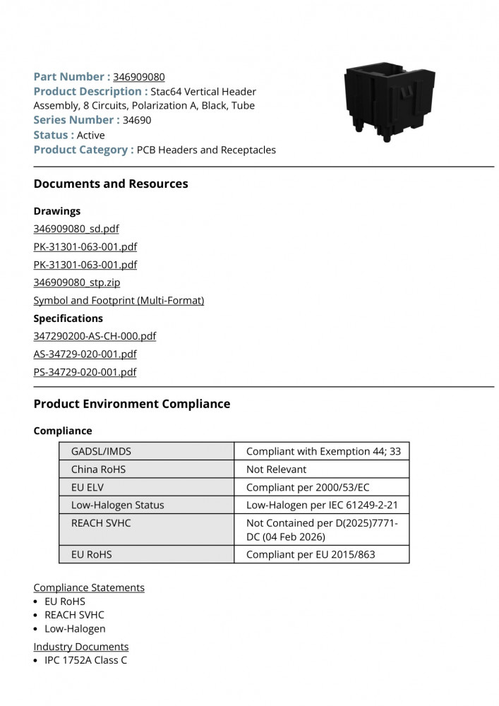 MOLEX 346909080 technical document preview, page 1