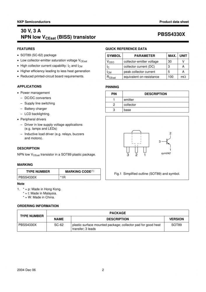 PBSS4330X datasheet page 3