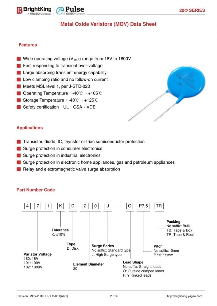 Brightking MOV datasheet page 1