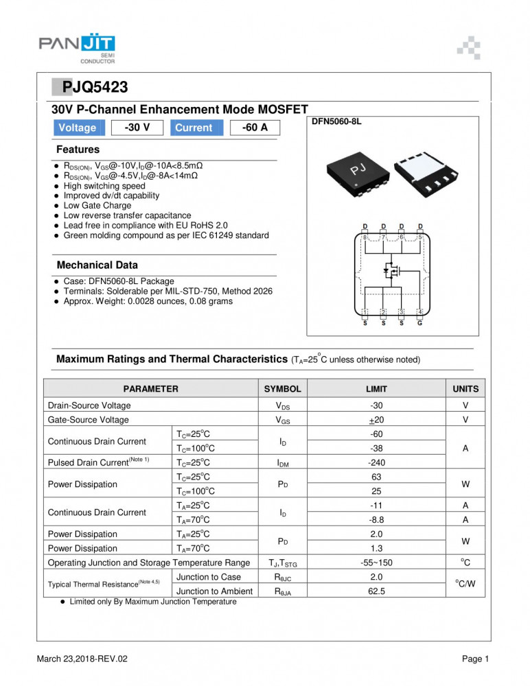 PJQ5423 datasheet page 1