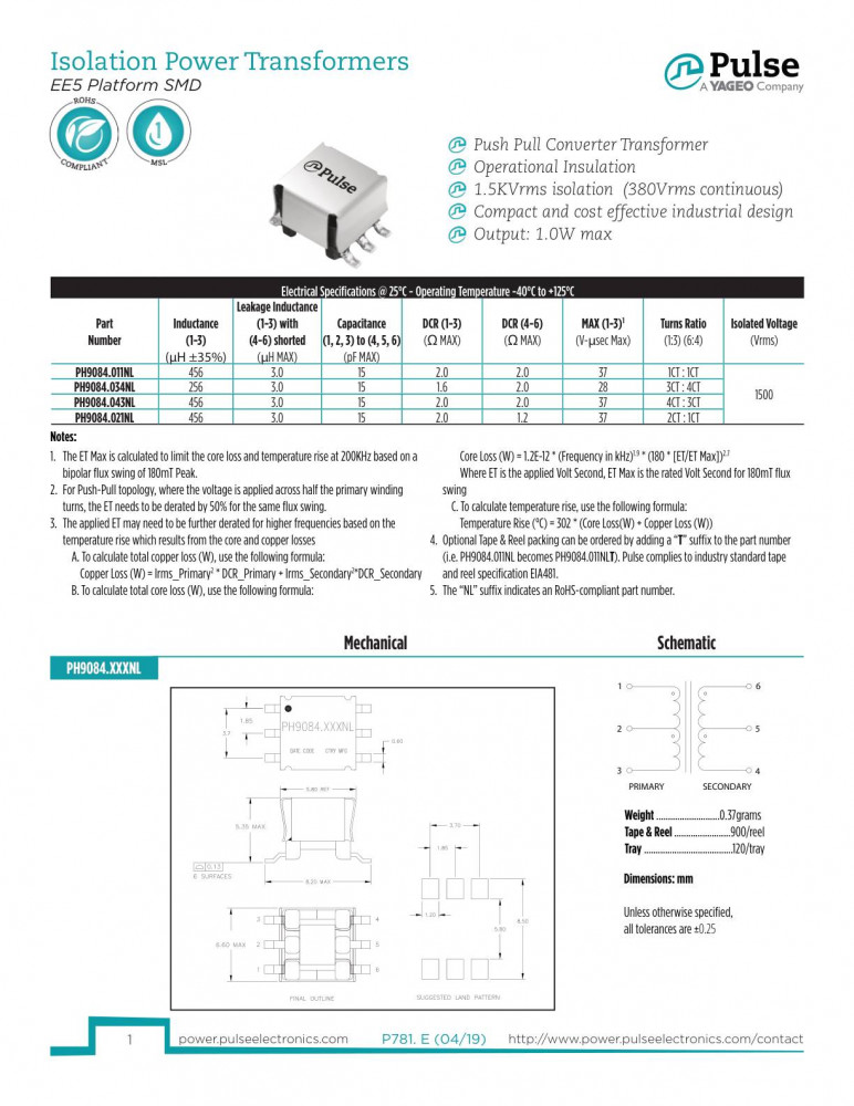 PH9084 series electrical specification page