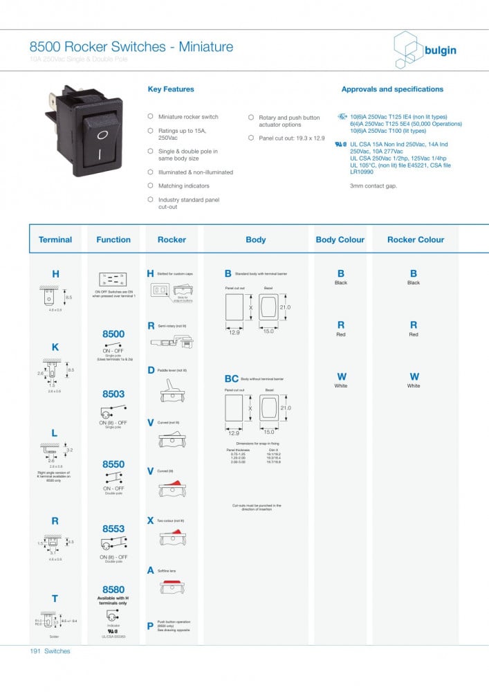 Bulgin miniature rocker switch technical document page 1