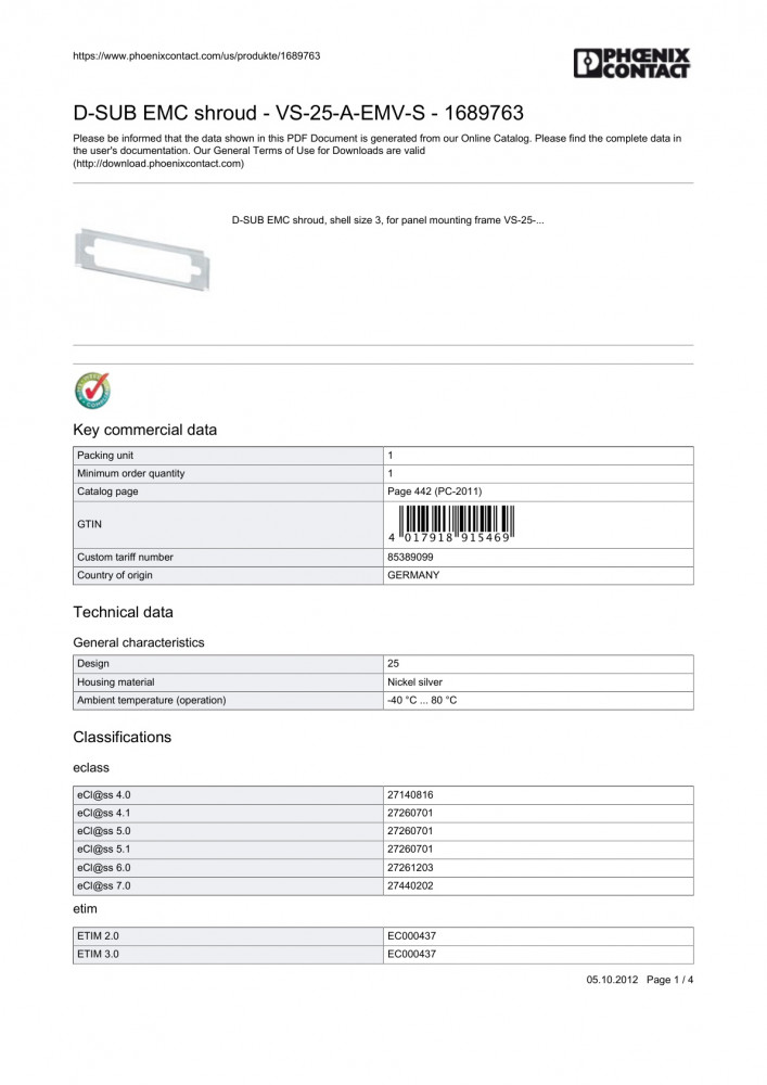 Phoenix Contact 1689763 product document page 1