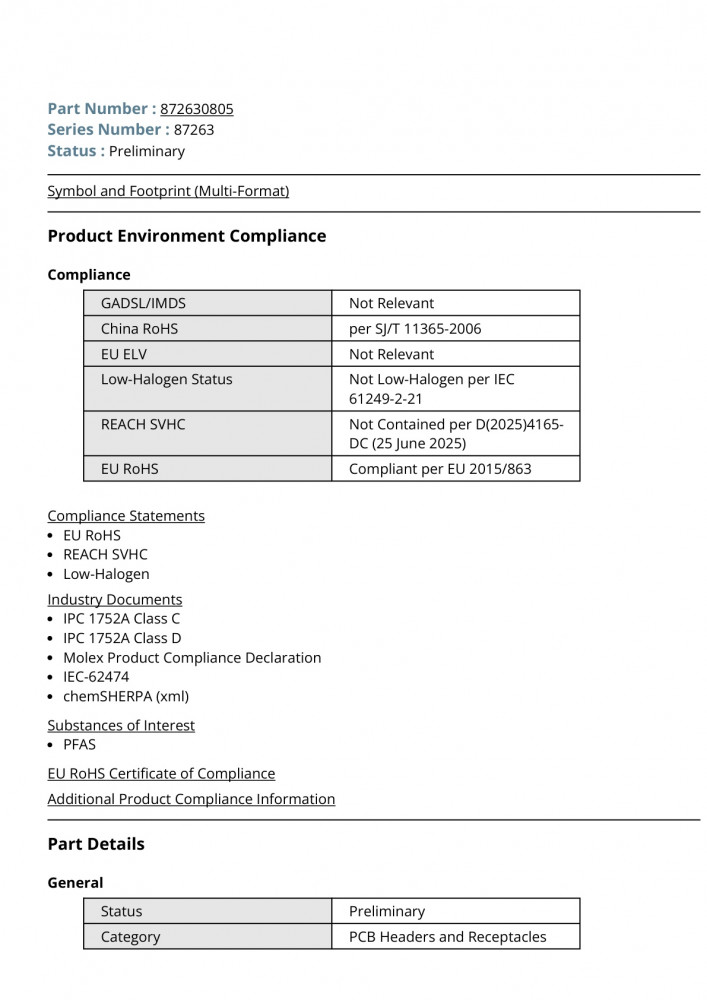 MOLEX 872630805 product document preview, page 1