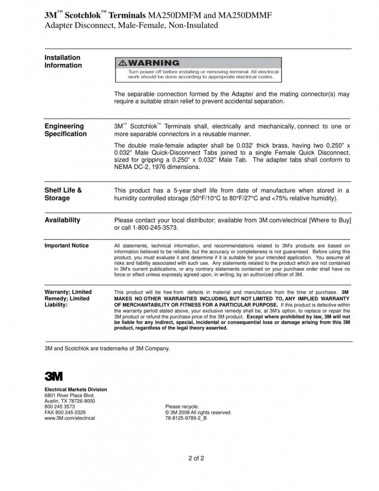 3M Scotchlok MA250DMFM and MA250DMMF adapter datasheet page 2