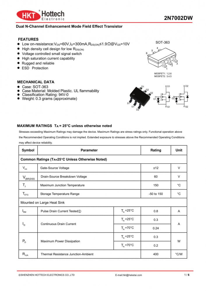 2N7002DW datasheet page 1