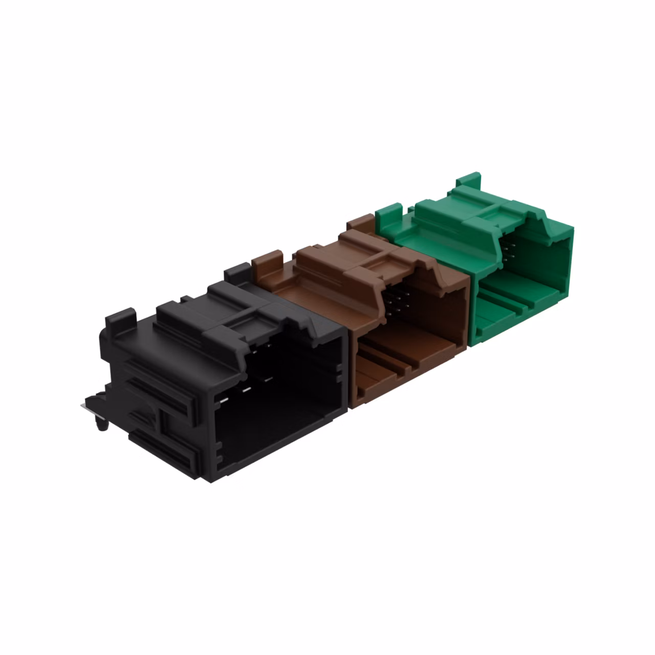 Stac64 3 Bay Right-Angle Headers, 50 Circuits, Bay A 10 Circuit Power Header, Polarization A, Black; Bay B 20 Circuit Signal Header, Polarization C, Brown; Bay C 20 Circuit Signal Header, Polarization D, Green; Tray for sale