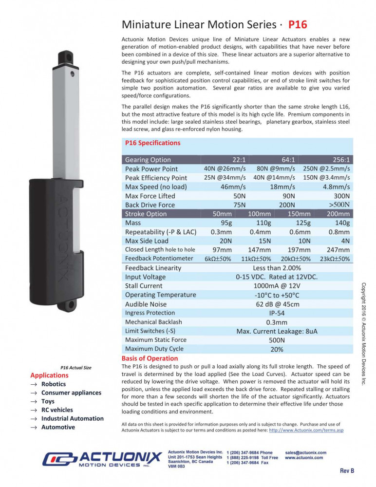 P16 miniature linear actuator technical document page 1