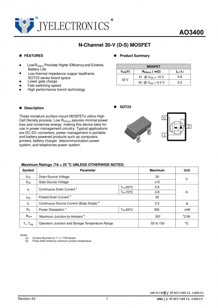 AO3400 datasheet page 1