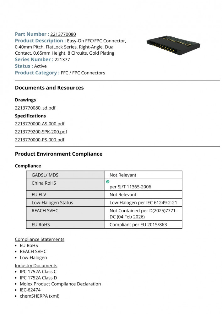 MOLEX 2213770080 technical document image, page 1