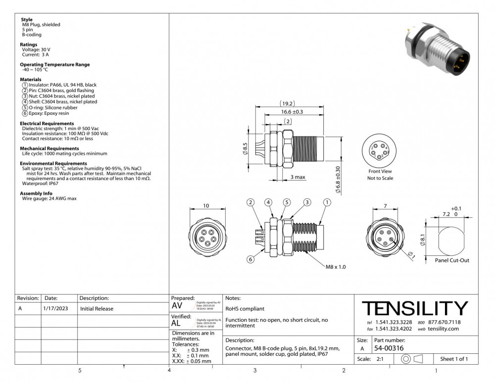Tensility International 54-00316 M8 B-coded 5-pin connector product drawing