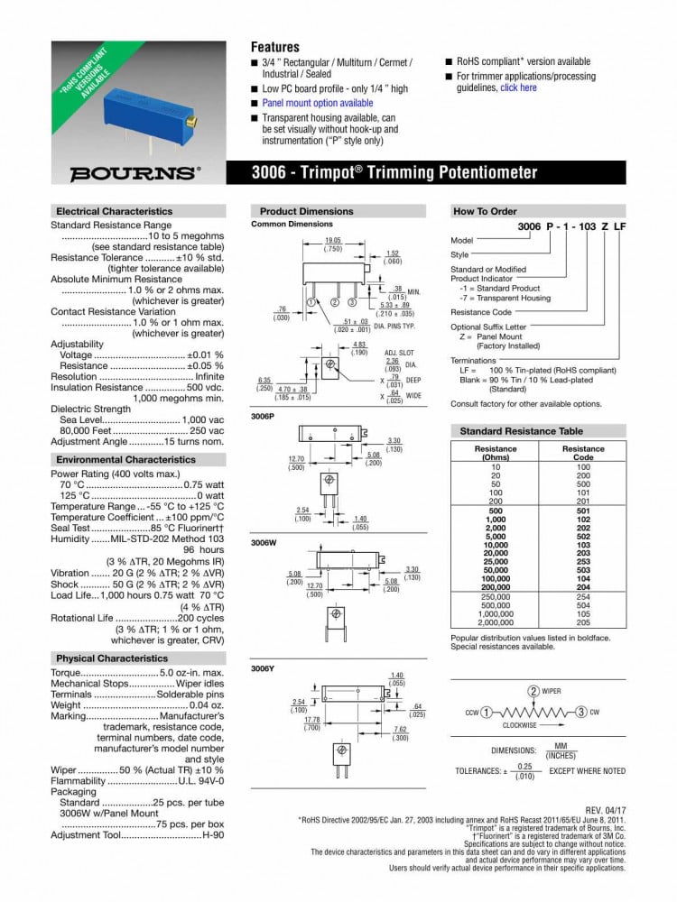 BOURNS 3006 Trimpot potentiometer datasheet page