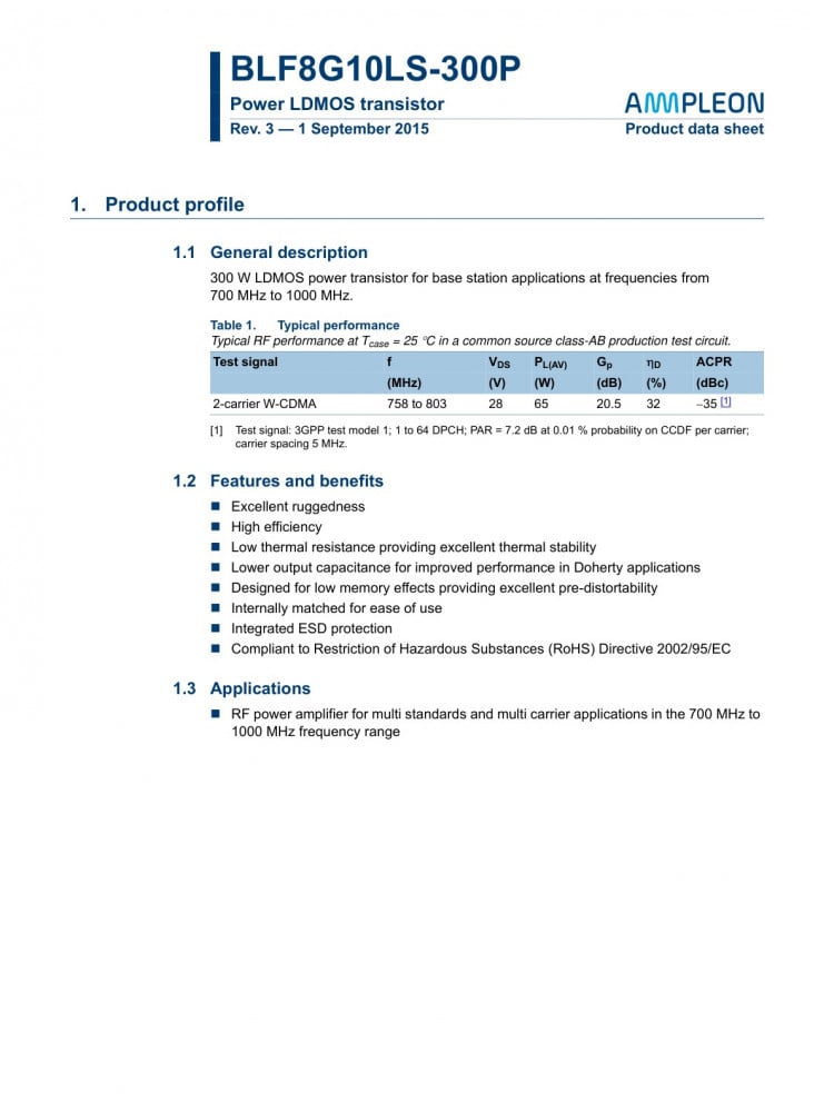 BLF8G10LS-300PU datasheet page 1
