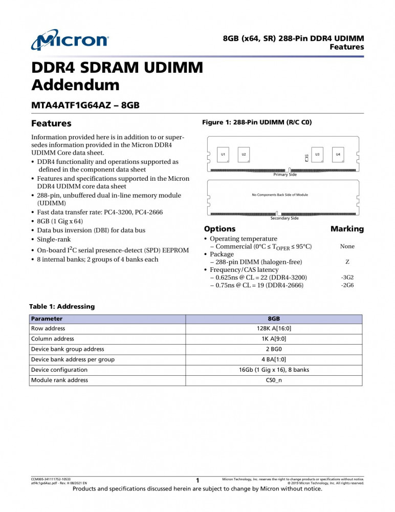 Micron DDR4 UDIMM document page 1