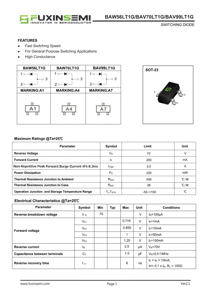 BAV99LT1G technical document page 1