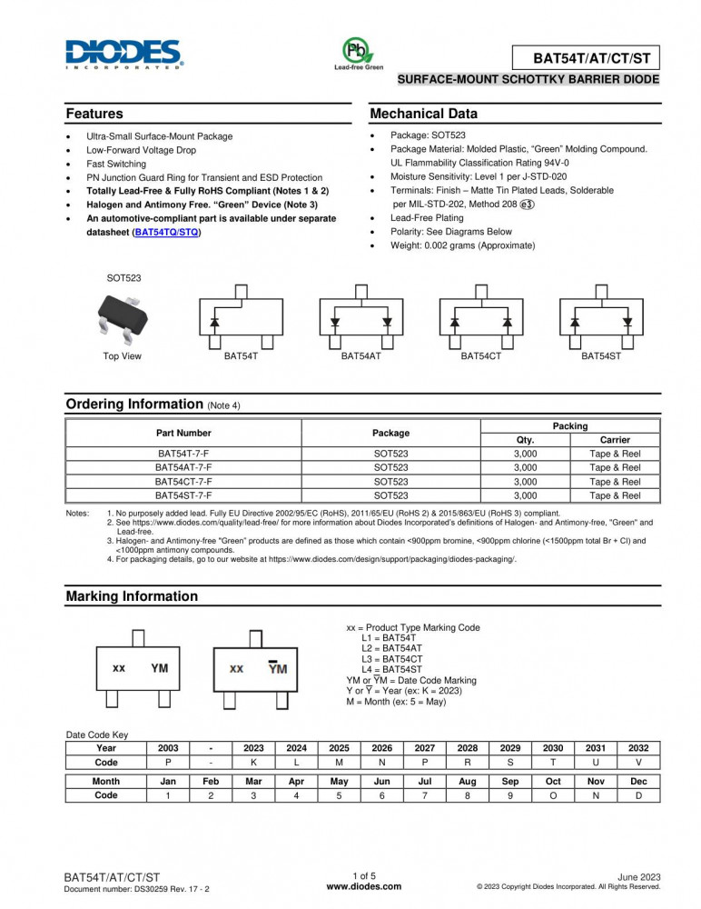 BAT54ST-7-F datasheet page 1