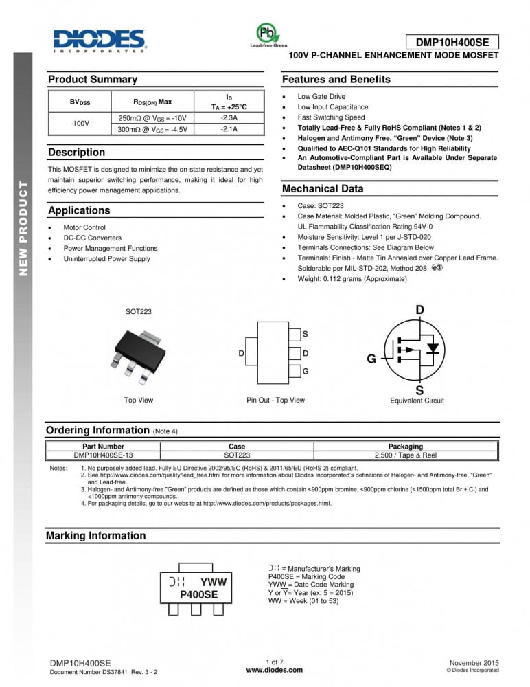 DMP10H400SE-13 datasheet page 1