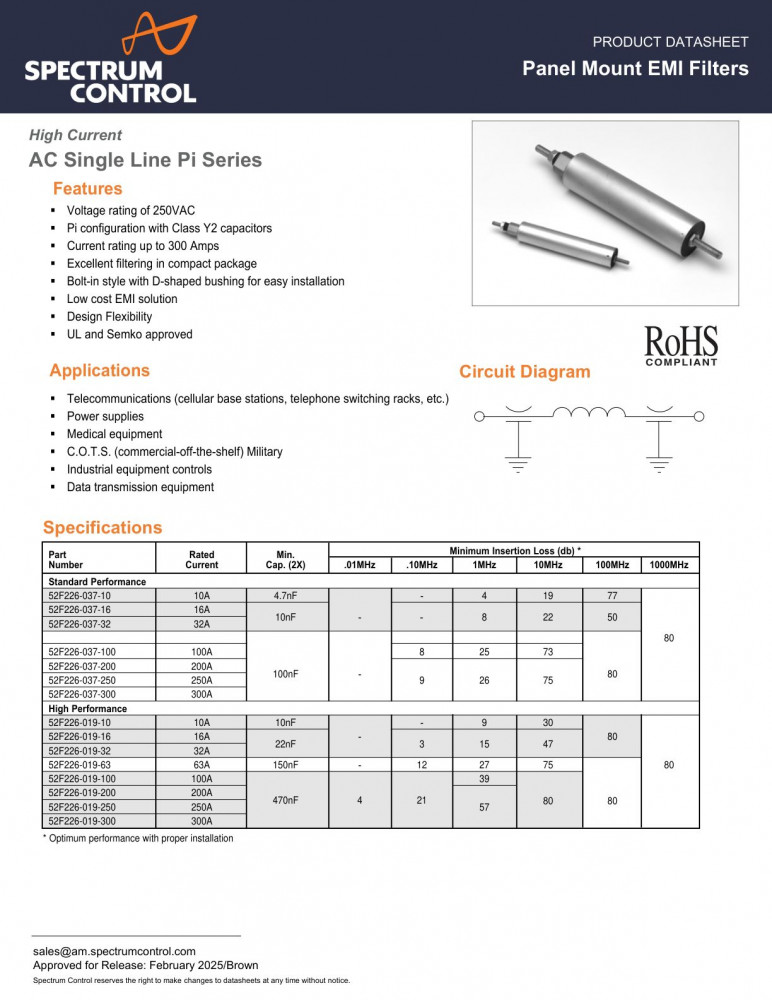 Spectrum Control AC Single Line Pi Series technical document, page 1